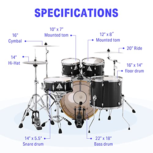 Donner Drum Set Adult 5-Piece with Practice Mute Pad, 22 inch Full-Size Acoustic Drum Kit Transparent Acrylic high-end, Red-DDS-1000p