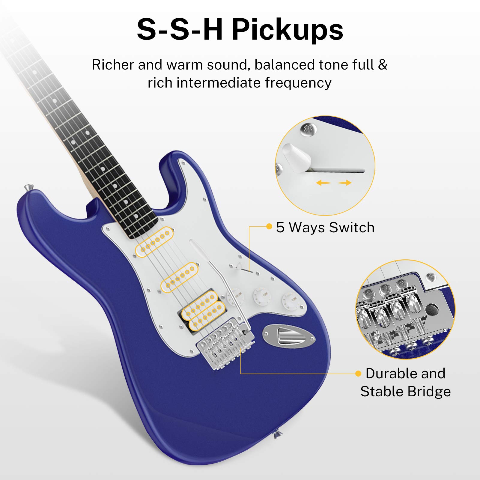 Donner DST-100L 39 Inch Electric Guitar Beginner Kit Solid Body Full Size Puple Sapphire Blue HSS Pick Up for Starter & Donner Guitar Cable 10 ft 2 Pack
