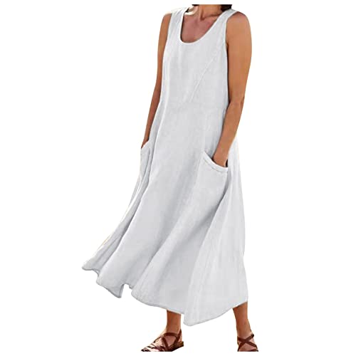 Porsha Williams Favorites Clothes, Boho Dress for Women Maxi Women's Plus Shorts Long Romper Dresses Women's Fashion Casual Solid Colour Sleeveless Cotton Linen Pocket Dress Ladies (S, White)