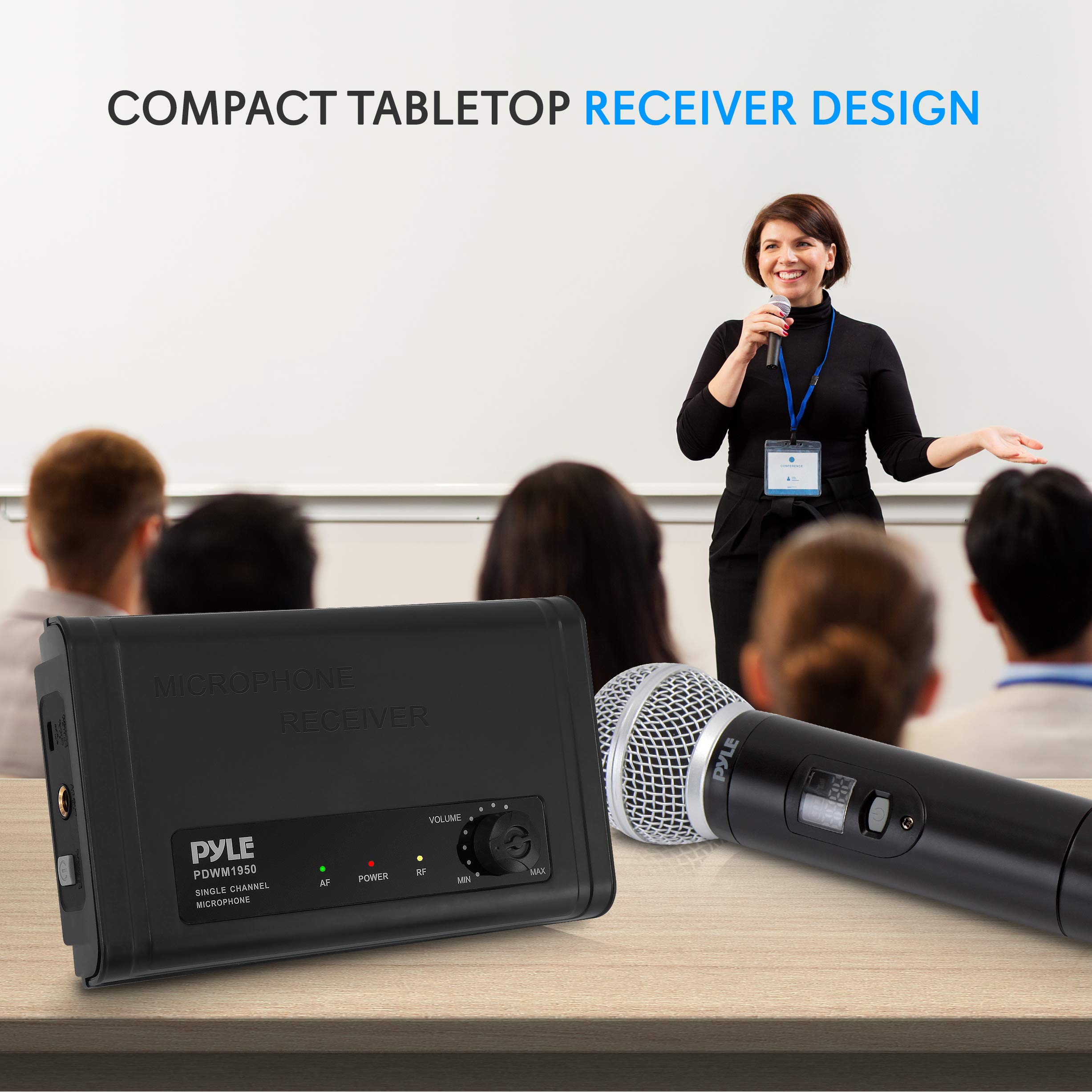 PYLE Compact UHF Wireless Microphone System - Pro Portable Single Channel Desktop Digital Mic Receiver Set w/ 1 Handheld Mic, Receiver Base, USB Cable, Battery, for Home, PA, Karaoke, DJ PDWM1950
