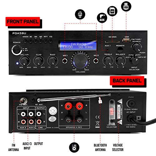 Pyle Wireless Bluetooth Power Amplifier-200 Watt Audio Stereo Receiver w/USB Port, AUX in, FM Radio, 2 Karaoke Microphone Input, Remote-Home Entertainment System, Black, 10.5" x 8.8" x 2.8" (PDA5BU)