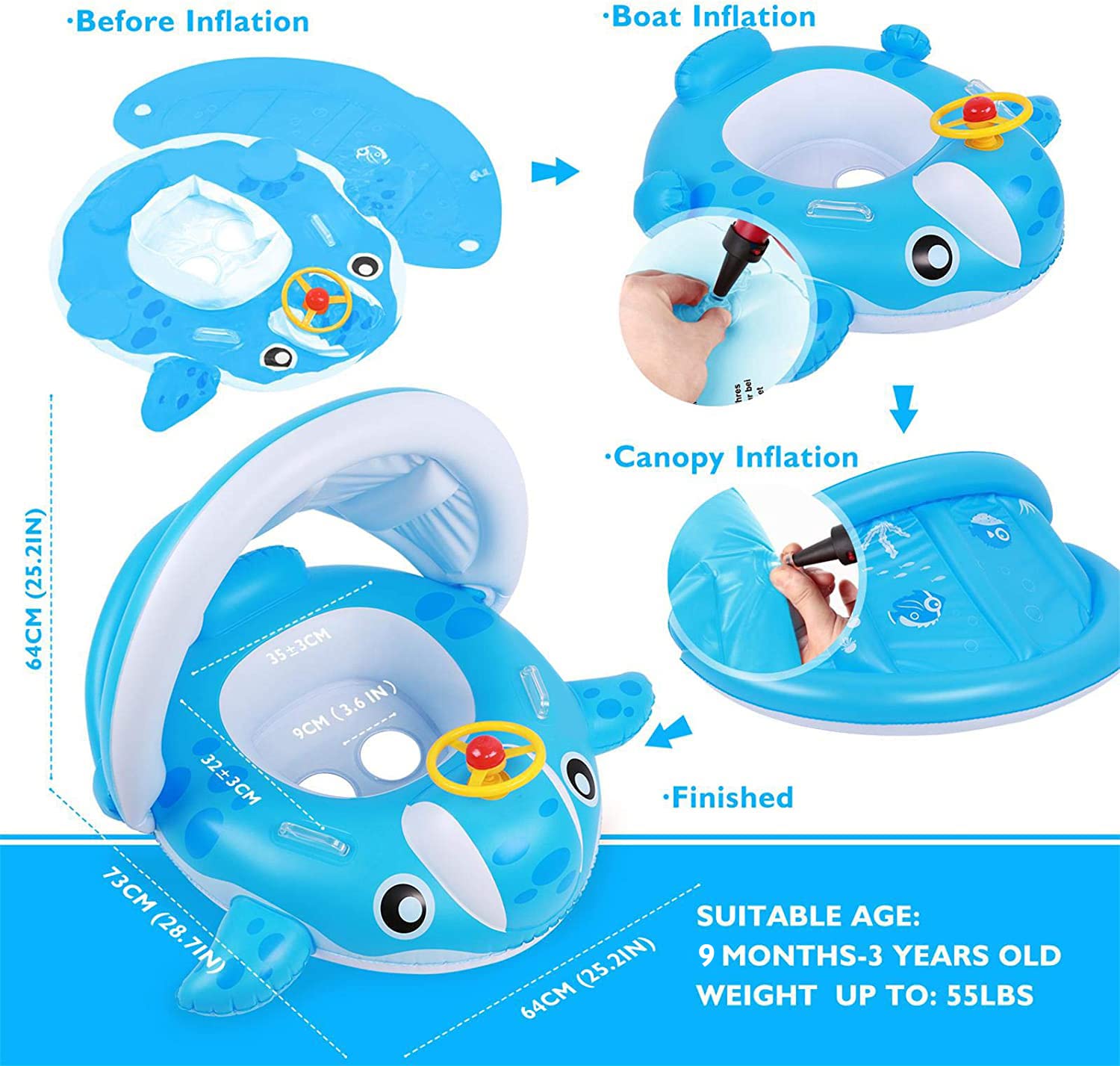 Peradix Baby Swimming Pool Float Boat, Inflatable Baby Swimming Ring with Removable Sun Protection Canopy, Whale Toddler Floaties Water Toys for Infant