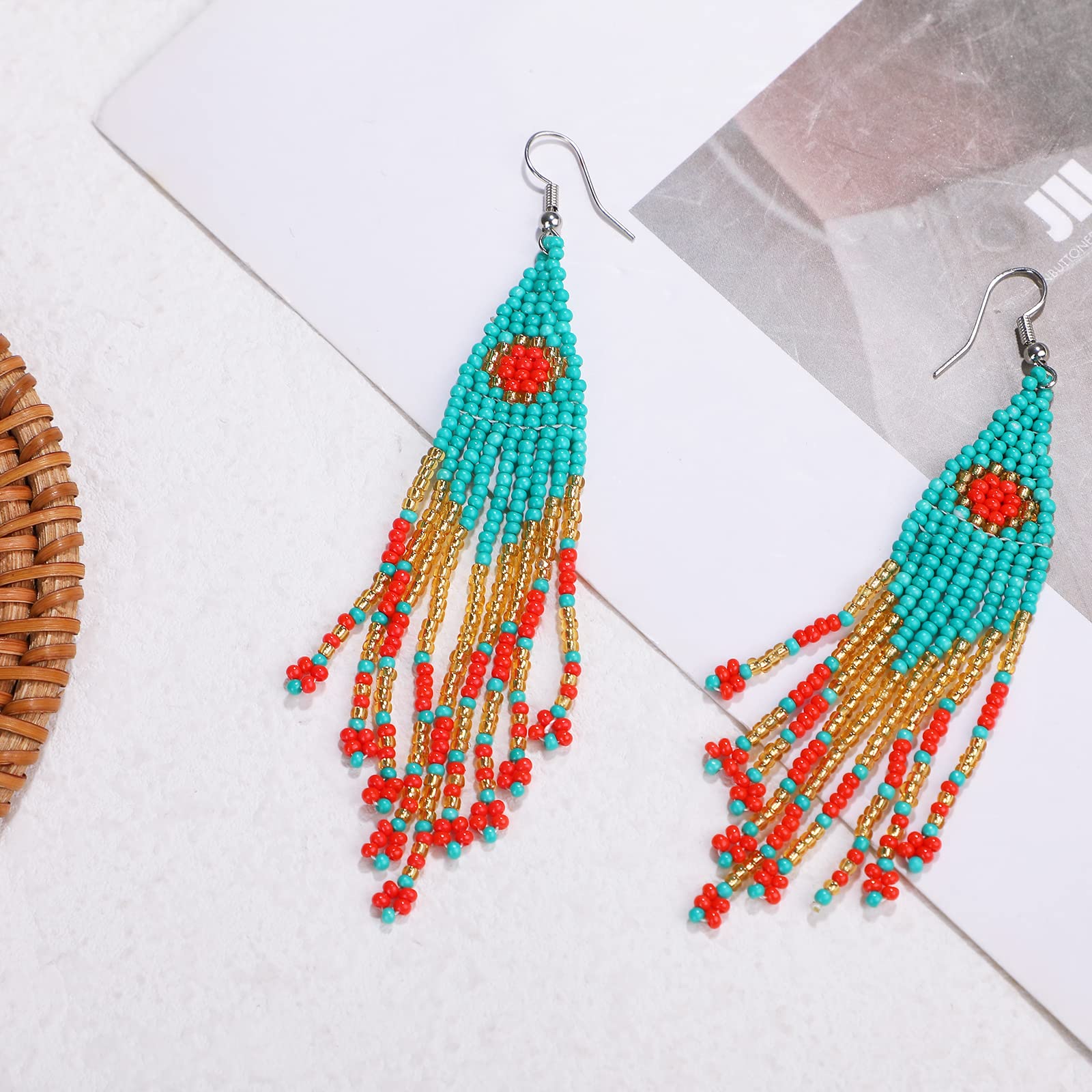 DoreenBow Long Beaded Tassel Light Blue Earrings Boho Hoop Beaded Dangle Earrings Handmade Seed Bead Earrings Fringe Drop Earrings for Women and Girls
