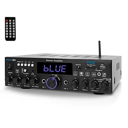 Pyle Wireless Bluetooth Home Stereo Amplifier-Multi-Channel 200W Power Amplifier Home Audio Receiver System w/Optical/Phono/Coaxial,FM Radio,USB/SD,AUX,RCA,Mic in-Antenna,Remote-Pyle PDA4BU