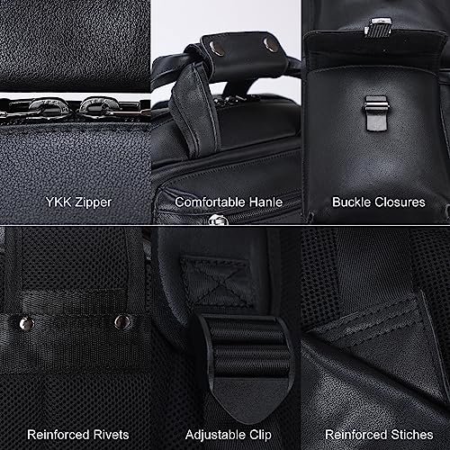 Masa Kawa Black Leather Backpack for Men 15.6 Inch Laptop Bag Multi Pockets Rucksack Casual Business Work Travel Daypack