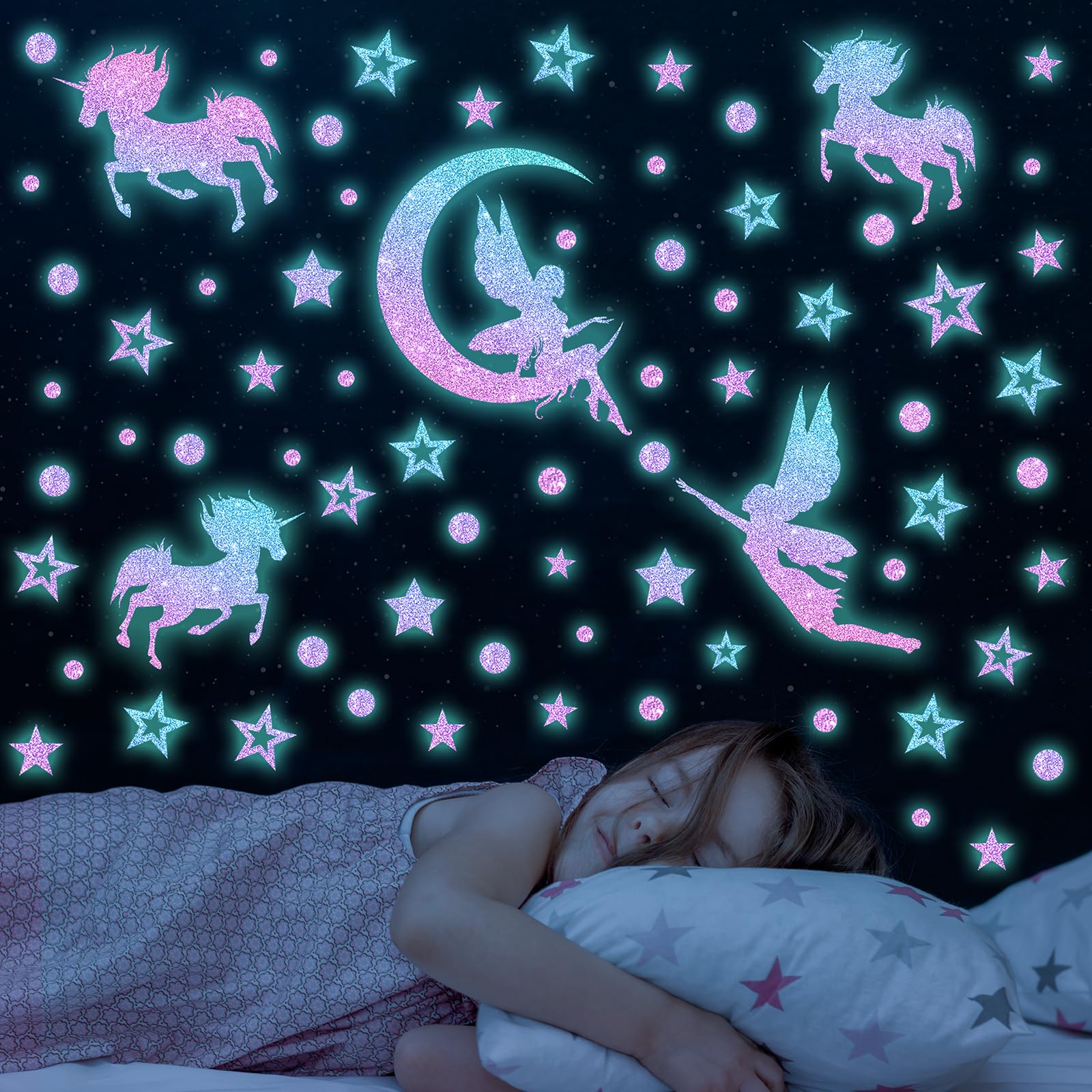 Glow in The Dark Unicorn Wall Decals Unicorn Stars Wall Stickers Blue Luminous Glow Unicorn Stars Moon Ceiling Stickers Decor for Baby Girls Boys Bedroom Ceiling Nursery Room Decor
