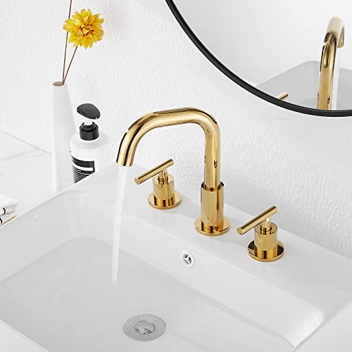GGStudy 360° Swivel Spout Two Handles 3 Holes 8-16 inch Widespread Bathroom Sink Faucet Gold Finish Matching with Pop Up Drain
