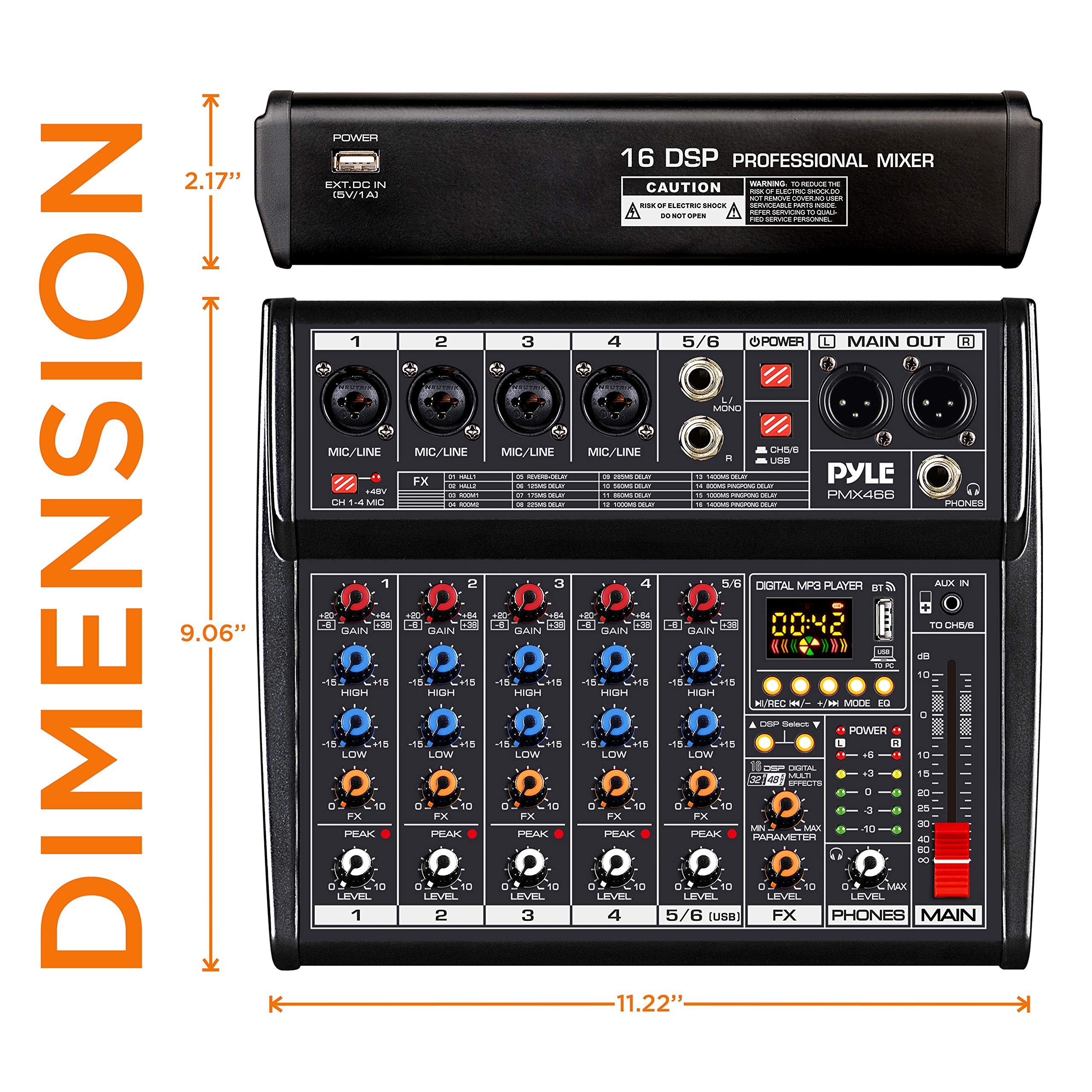 Pyle Professional Bluetooth DJ Audio Mixer - 6-Channel DJ Controller Sound Mixer w/DSP 16 Preset Effects, USB Interface, 4 XLR Mic/Line Input, AUX, FX Processor MP3 Player, Headphone Jack - PMX466