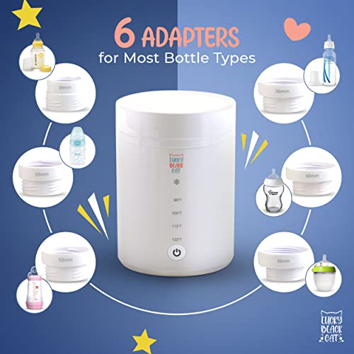 Portable Bottle Warmer for Travel by Lucky Black Cat, Travel Bottle Warmer with 6 Adapters, 4 Minutes Fast Heating Portable Bottle Warmer for Breastmilk, 4 Temperature Settings, Cordless Bottle Warmer