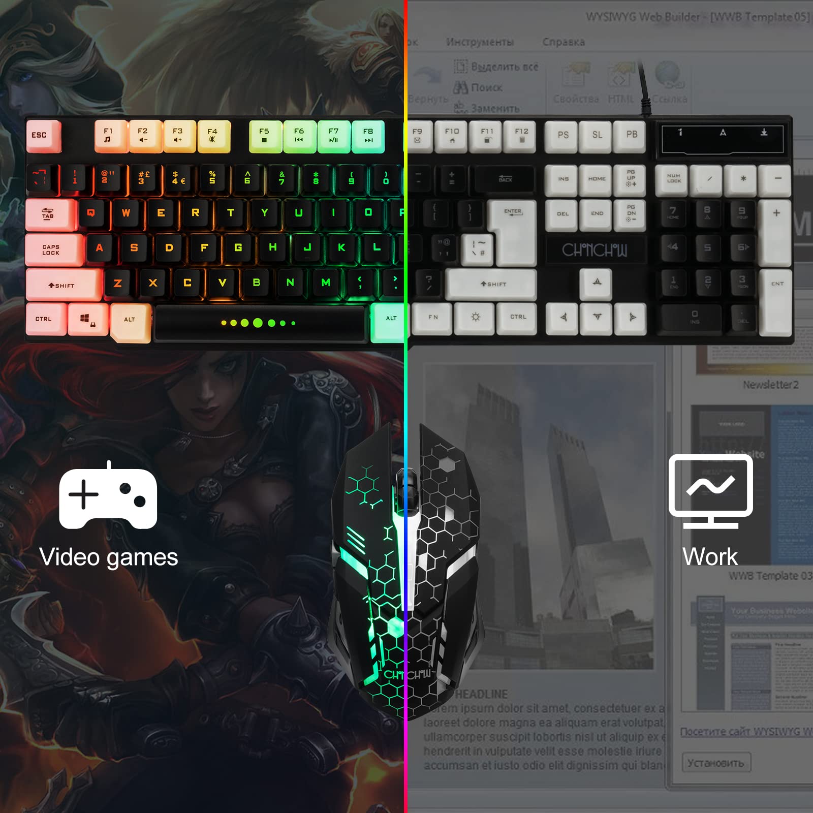 CHONCHOW Gaming Keyboard LED Backlit Lighted Wired Keyboard Mechanical Feeling PC Keyboard 11-Game Lights Mode(Custom) Splashproof Compatible with PC/Windows Linux /Ps4/Xbox one/Mac OS