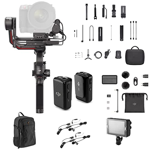 DJI RS 3 Pro Combo Gimbal Stabilizer Bundle with 2-Person Mic System, 2X TASL500 Lavalier Microphone, LED Light, Backpack