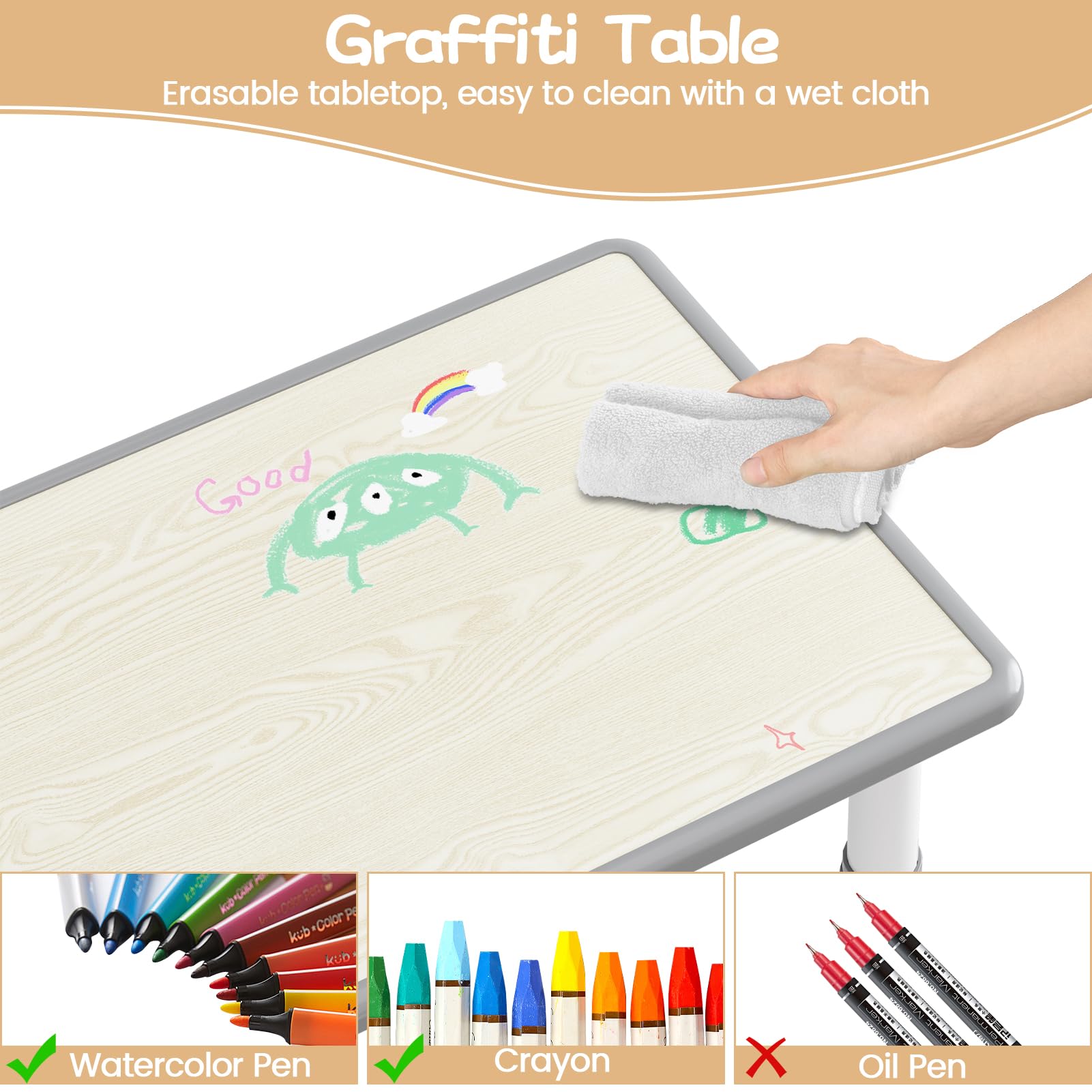 GAOMON Kids Table and 6 Chairs Set with Storage Box, Height Adjustable Toddler Table and Chair Set for Ages 2-10, Graffiti Desktop, Non-Slip Legs, Children Activity Table for Daycare Classroom Home