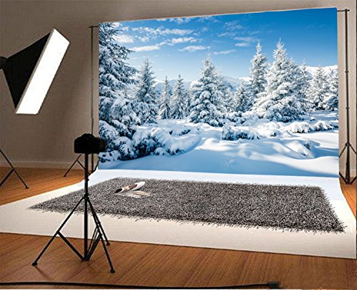 Leyiyi 5x3ft Photography Background Snow Covered Mountain Backdrop Cold Winter Pine Forest Sunlight Merry Christmas Happy New Year Alps Blue Sky Cloud Photo Portrait Vinyl Studio Video Prop