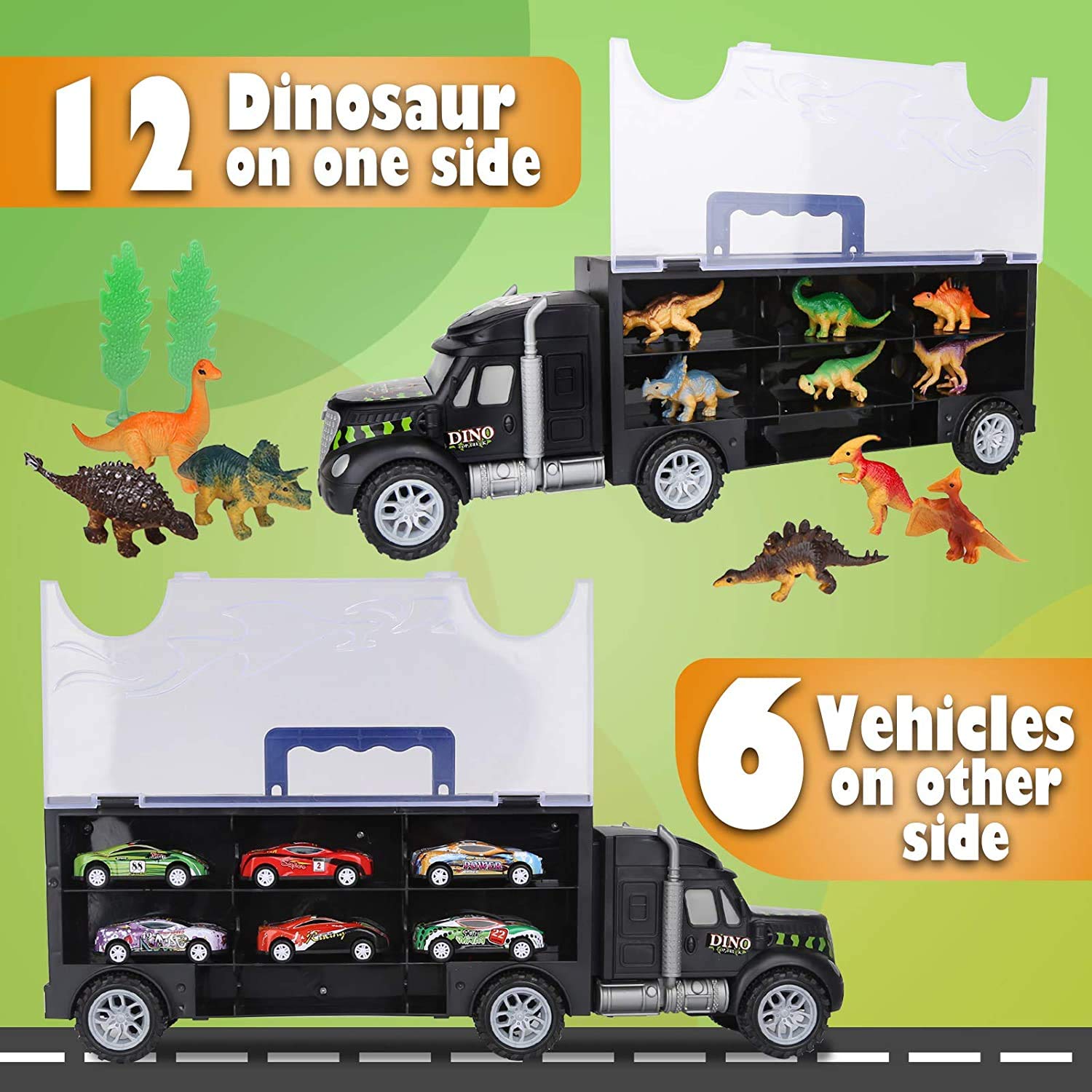 YIMORE Dinosaur Truck Toy Car Transporter Carrier Set Include Dinosaur Figures & Egg Mini Racing Car with Play Mat, Road Signs for Children 37PCS