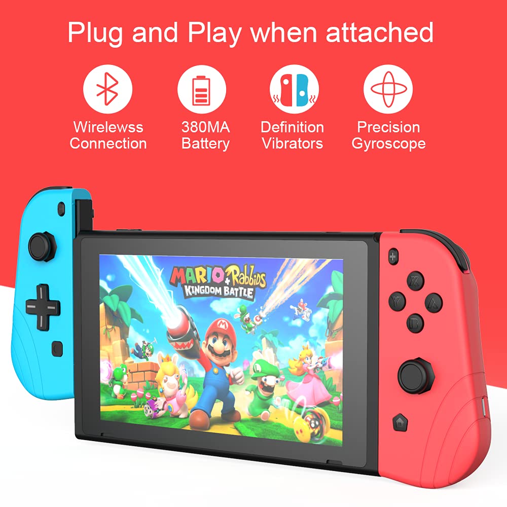 Switch Controllers, Replacement for Joycon Controllers with Grip Dual Shock Wake-Up Plug and Play, (L/R) Controller Compatible for Nintendo Switch/Switch lite (Blue and Red)