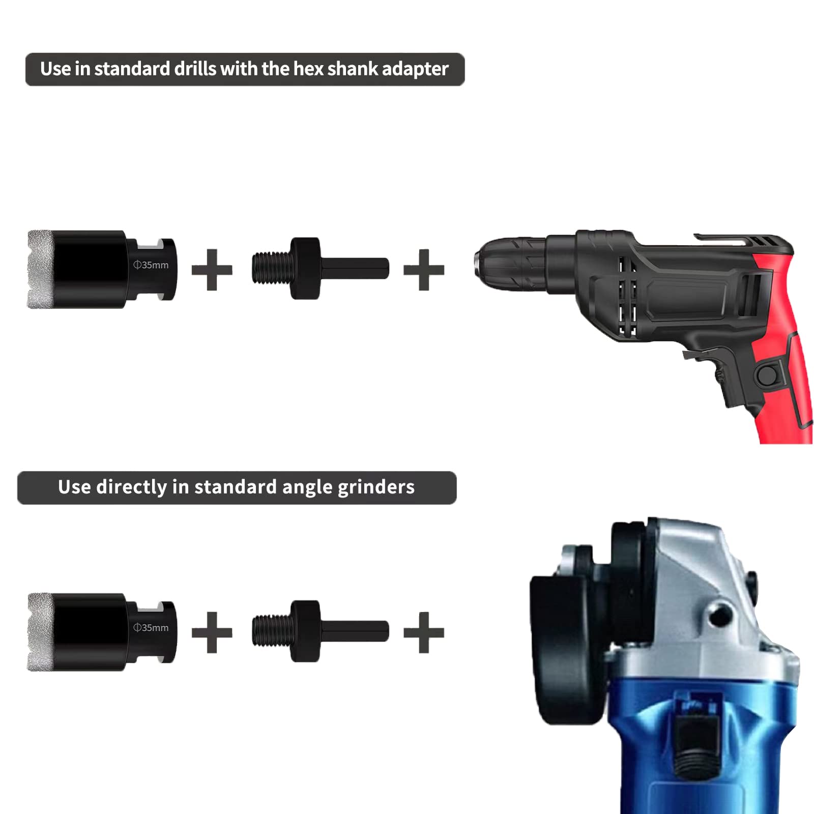 Dry Diamond Core Drill Bits 1-3/8 Inch (35mm) Tile Hole Saws for Porcelain Ceramic Tile Marble Brick Vacuum Brazed Hole Saw with 5/8-11 Thread and 3/8 Inch Hex Shank Adapter