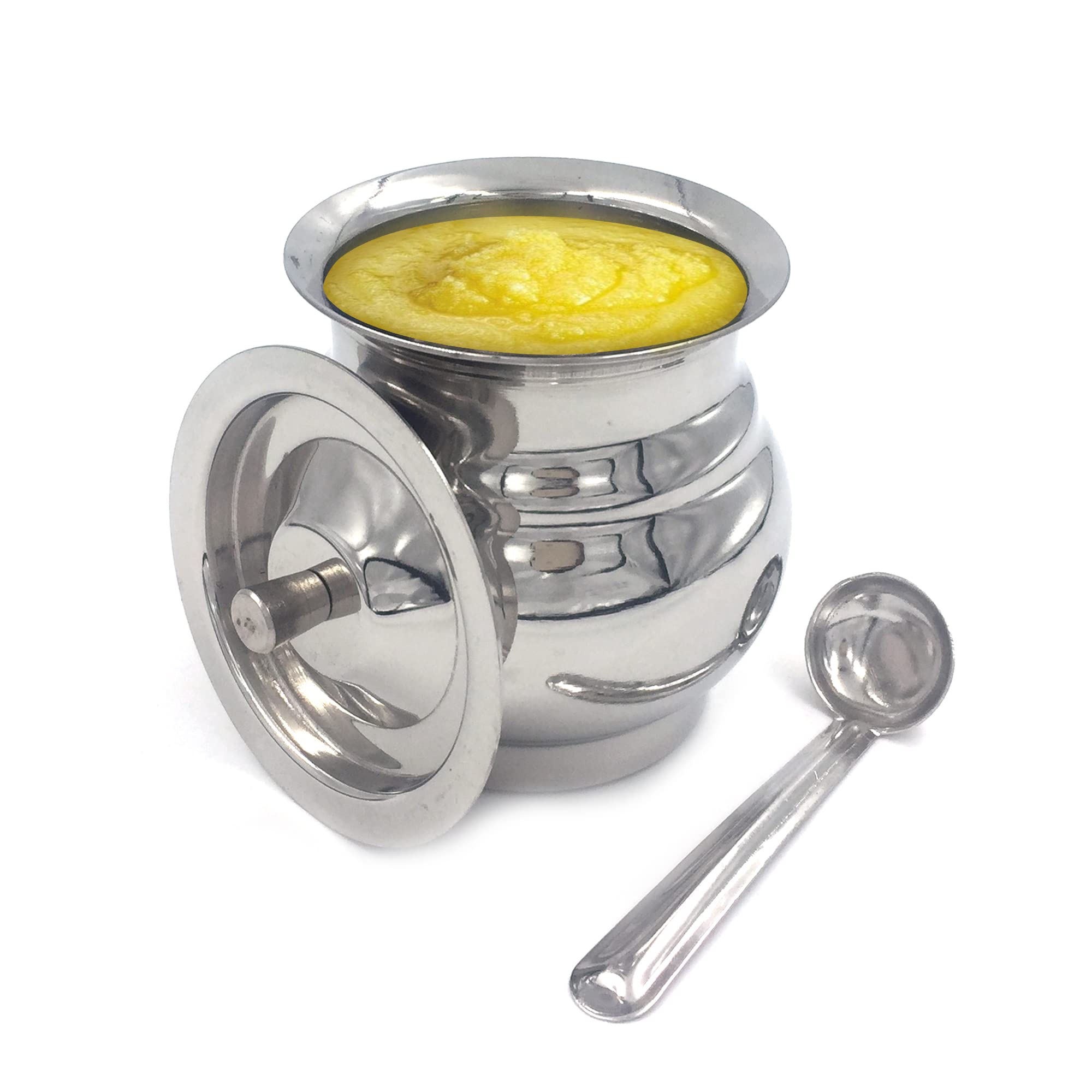 EarthVision Stainless Steel Ghee storage pot set with lid and spoon, Clarified Butter storage pot, Ghee container, Oil Keeper, Oil container with lid for pooja Oil storage pot 15.21 Oz