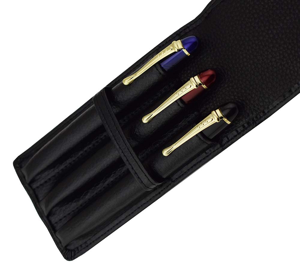 Lanxivi Leather fountain pen case for 3 Pens Pouch Separate Slot Organizer Carrying Case Black Color