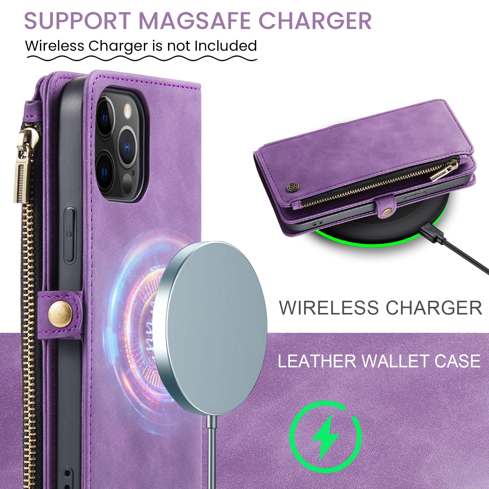 CaseMe Logo View for iPhone 13 Pro Max Magsafe Wallet Case Credit Card Holder,PU Leather Folio Flip Lanyard Strap Wristlet Zipper Wireless Charging Women Men for iPhone 13 Pro Max Phone case(Blue)
