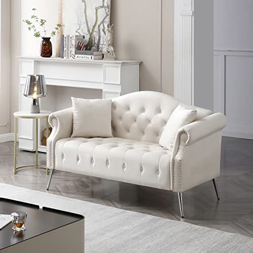 Homtique Velvet Loveseat Sofa for Living Room, Mid Century Modern Sofa Upholstered Button Tufted Rolled Arms and Metal Legs, 59.4" Small Sofa Couches for Small Spaces with 2 Pillows for Bedroom(Beige)