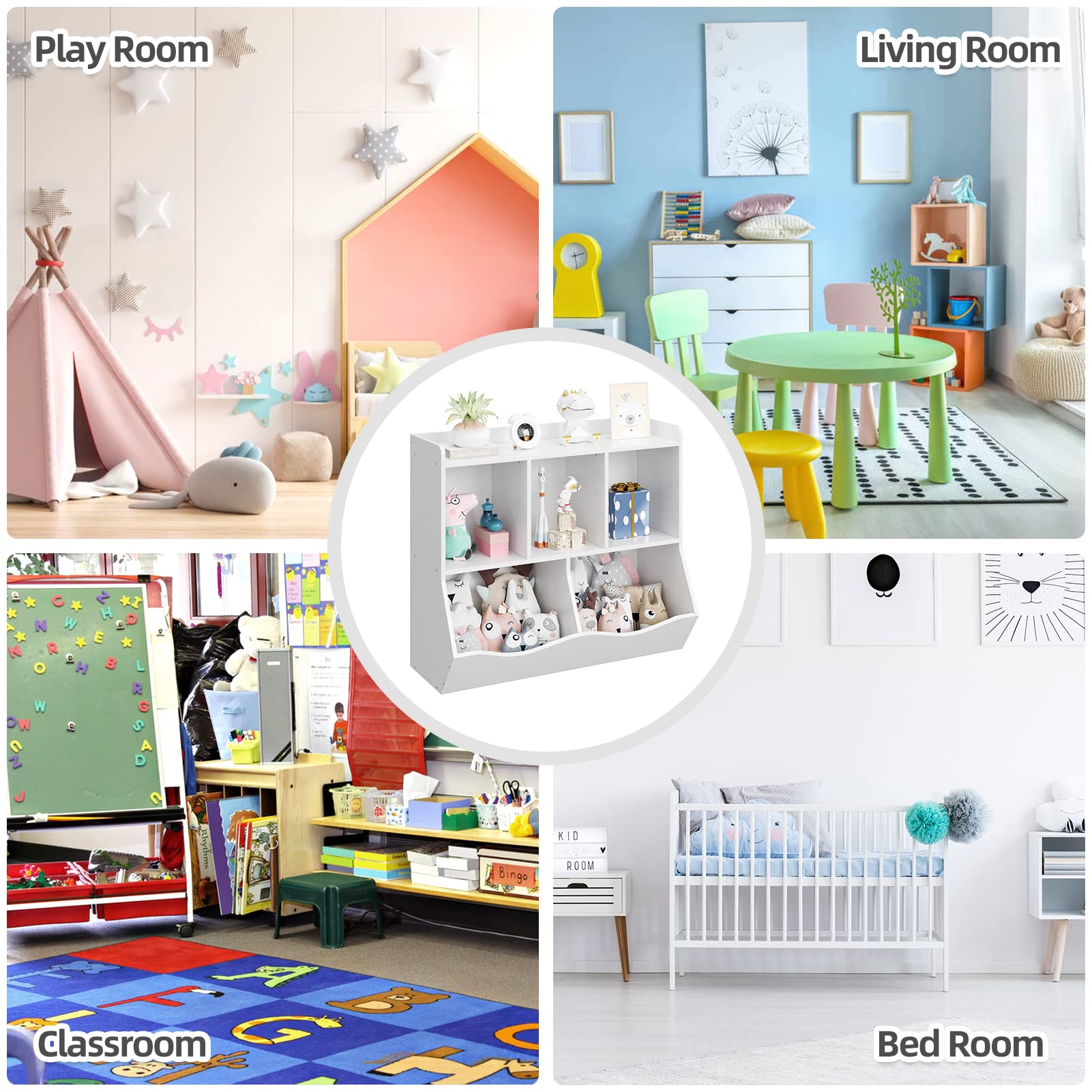 IDEALHOUSE Toy Bookcase, Multi Shelf with Cubby Organizer Cabinet for Storage Books and Toys, for Bedroom, Playroom, Kindergarten and Hallway (White)