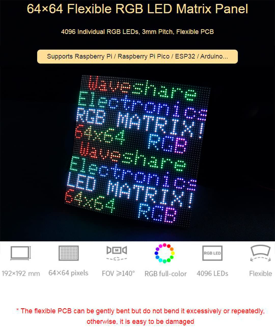 Flexible RGB Full-Color LED Matrix Panel 64x64, 4096 RGB LEDs, 3mm Pitch, Adjustable Brightness Chainable Design, Display Text/Colorful Image/Animation, for Raspberry Pi/Raspberry Pi Pico / ESP32