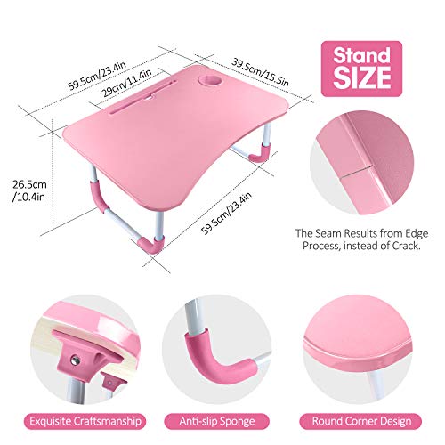 KPX Portable Laptop Bed Table, Fordable Lap Desk with Cup Slot & Notebook Stand Breakfast Bed Trays for Eating and Laptops Book Holder Lap Desk for Floor,Couch, Sofa, Bed, Terrace, Balcony (Pink)