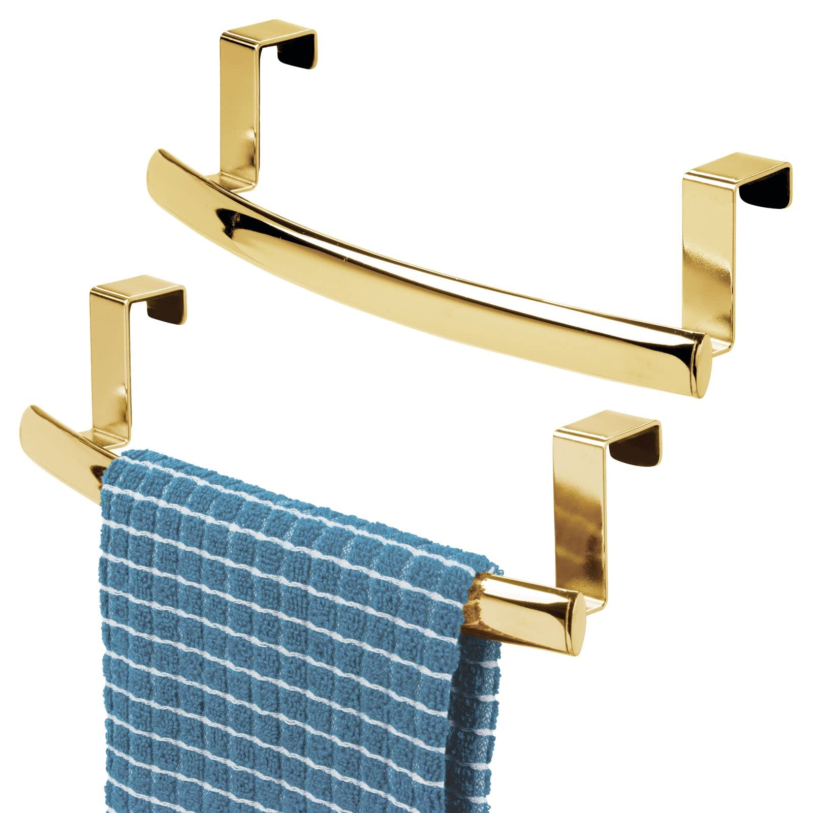 mDesign Steel Over Door Curved Towel Bar Storage, Hanger for Cabinet or Cupboard, Holder Rack for Kitchen, Bathroom - Holds Hand/Dish Towels, Washcloths - Spira Collection - 2 Pack - Soft Brass