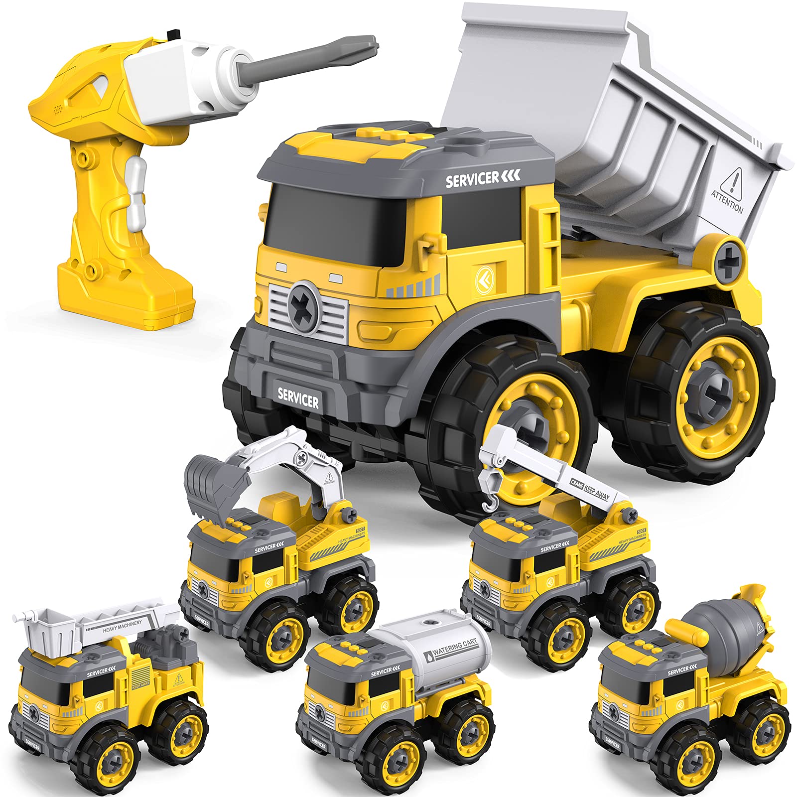 Take Apart Toys with Electric Drill with Remote Control Function 6 in 1 Take Apart Construction Toys Trucks Toy Drills, Gift Toys for 3,4,5,6,7, 8 Year Old Boys Girls Kids