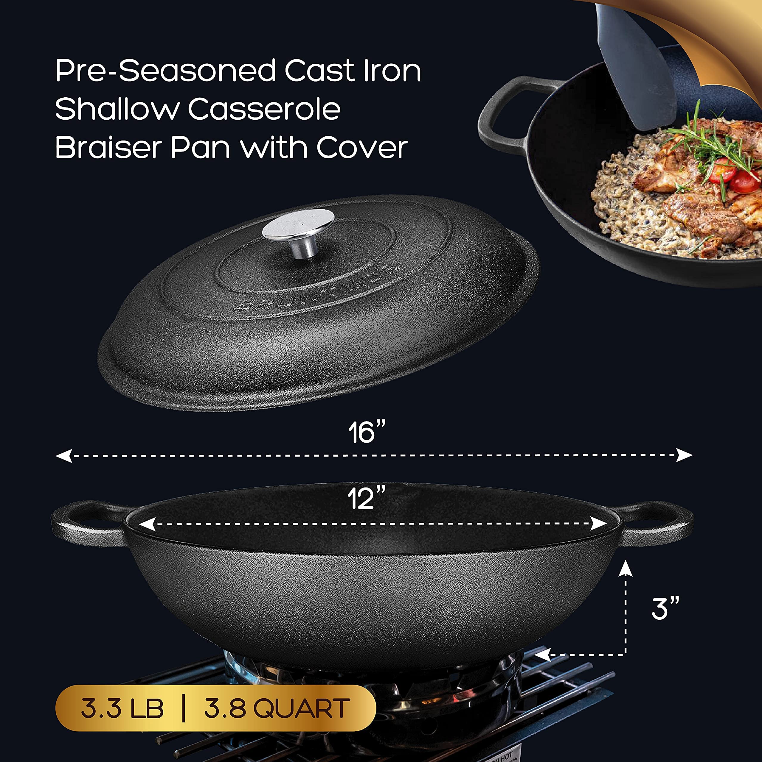 Bruntmor 4.5 Quart Pre-seasoned Enameled Cast Iron Dutch Oven With Dual Handles And Lid, Red Cast Iron Skillet, Shallow Cookware Braising Pan For Cast Iron Casserole Dish, Crock Pot Covered