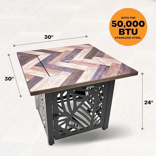 Endless Summer Darby 30 Inch Square Outdoor UV Printed 50,000 BTU LP Gas Fire Pit Table with Faux Wood Mantel and Stamped Steel Base