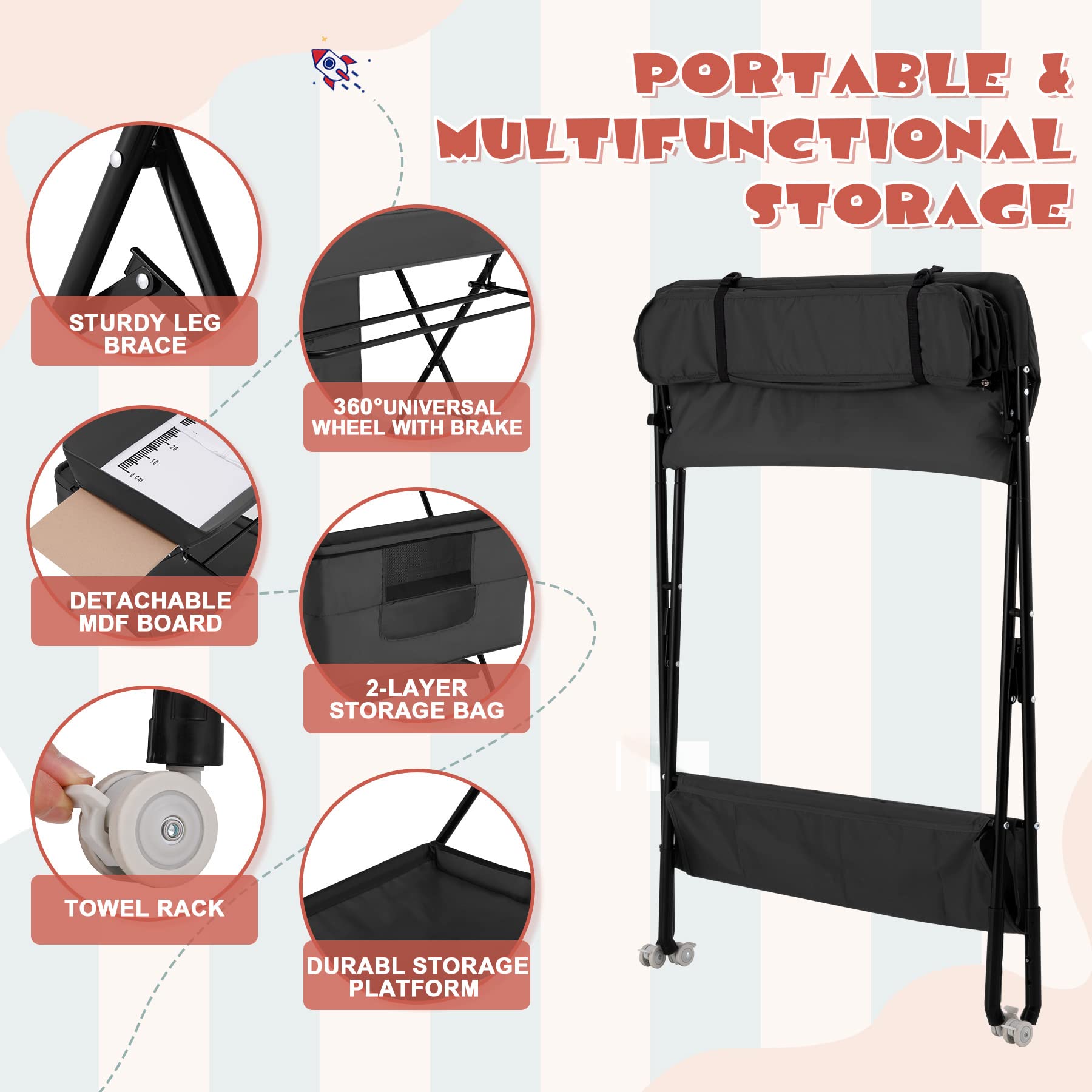 DAWNSPACES Baby Changing Tables, Portable Folding Baby Diaper Changing Table for Infant, Adjustable Height Changing Station with Nursery Organizer & Wheels, Black