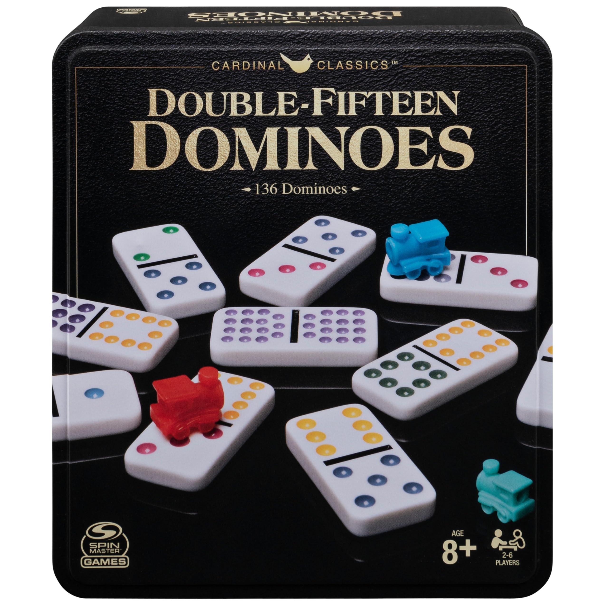 Spin Master Games, Cardinal Classics Double 15 Dominoes Set in Storage Tin, Classic Game, Christmas Gifts for Kids, Stocking Stuffers, for Ages 8+