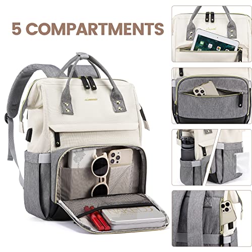 LOVEVOOK Laptop Backpack for Women, 15.6 Inch Work Business Backpacks Purse with USB Port, Large Capacity Educators Nurse Bag Backbag, Waterproof Casual Daypack for Travel,White-Grey-Black