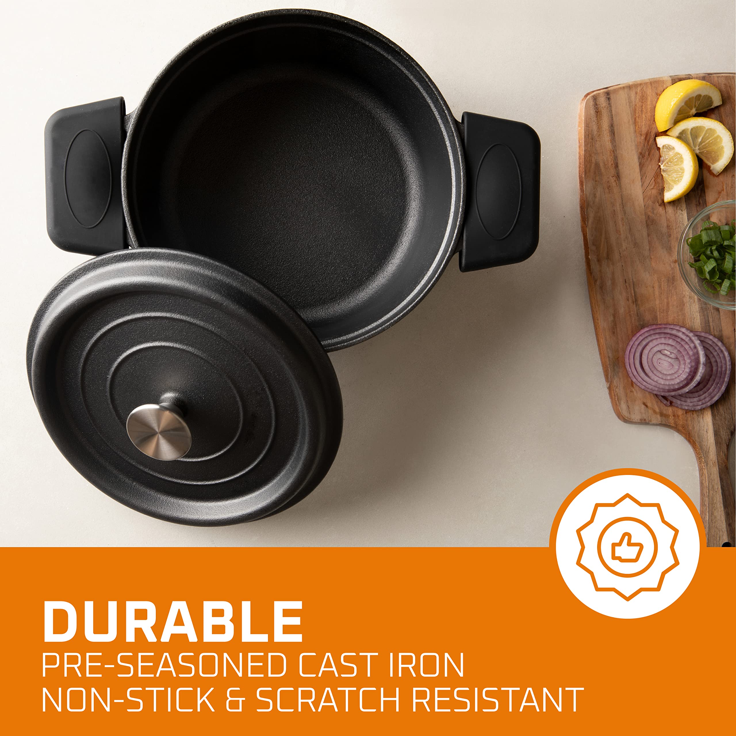Bruntmor 5.2 Quart Pre-seasoned NonStick Cast Iron Dutch Oven With Handles, Lid And Silicone Accessories, 5.2 Qt Black Cast Iron Skillet with Loop handle, Cookware Braising Pan For Casserole