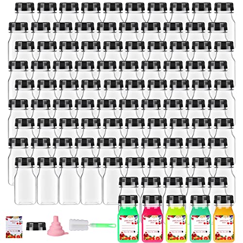 Potchen 100 Pcs 4 oz Empty Plastic Juice Bottles with Caps Mini Clear PET Water Reusable Drink Containers Lids for Juice, Smoothie, Milk, Tea and Homemade Beverages Labels, Funnels Brush