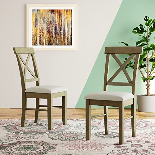 Harper & Bright Designs 4-Piece Wood Dining Table Set, Farmhouse Rustic Kitchen Dining Table with 2 Upholstered X-Back Chairs and Bench, Gray Green