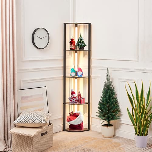 FENLO Fancy Edge - 64" Corner Shelf Floor Lamp for Living Rooms, Luxury Home Decor for Bedroom, LED Corner Floor Lamp with Shelves, Corner Furniture with Lights, 3-Way Dimmable LED, Black