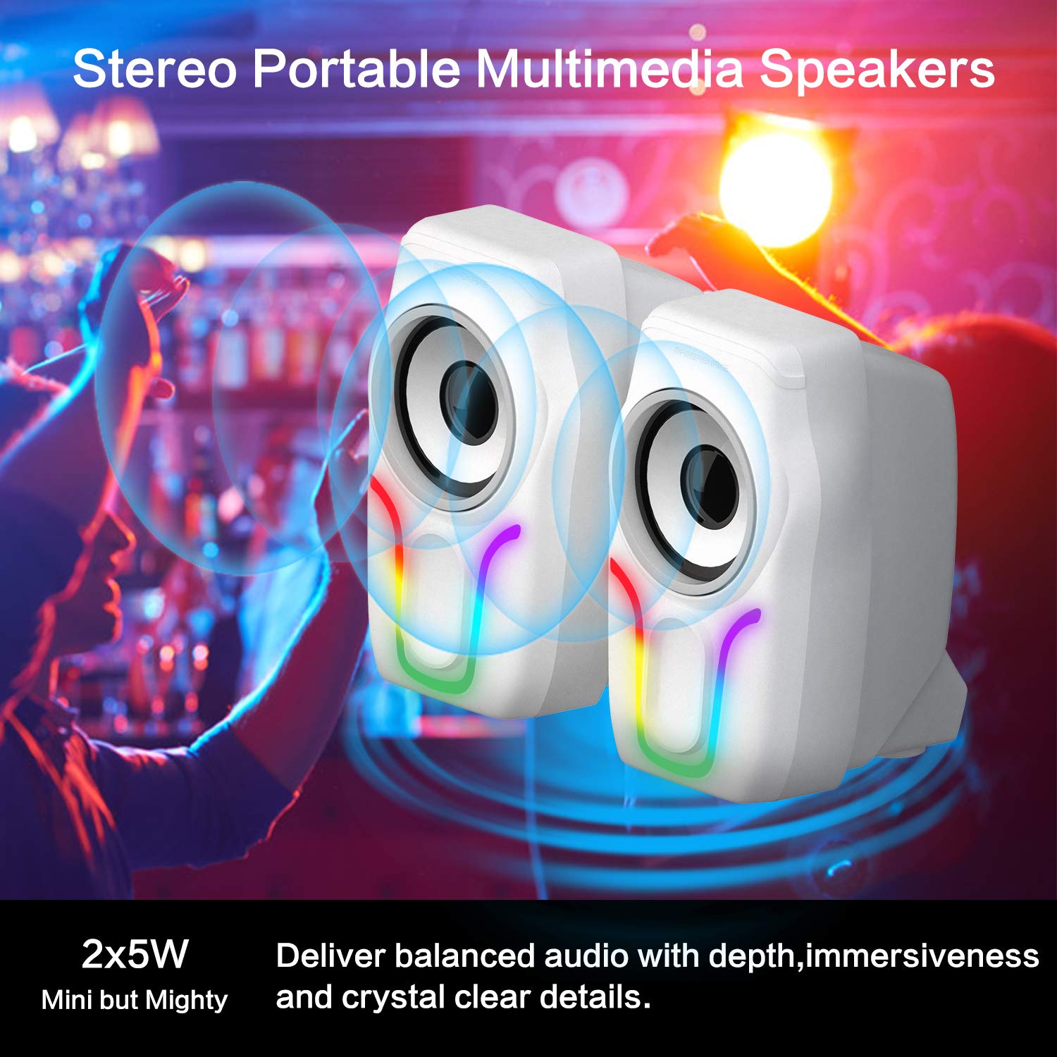 Computer Speakers,2.0 Stereo Volume Control Gaming Speakers with Surround Sound,6 RGB LED Backlit Effect,USB Powered Wired Laptop Speakers with 3.5mm for Desktop Computer/PC/Laptops(White)