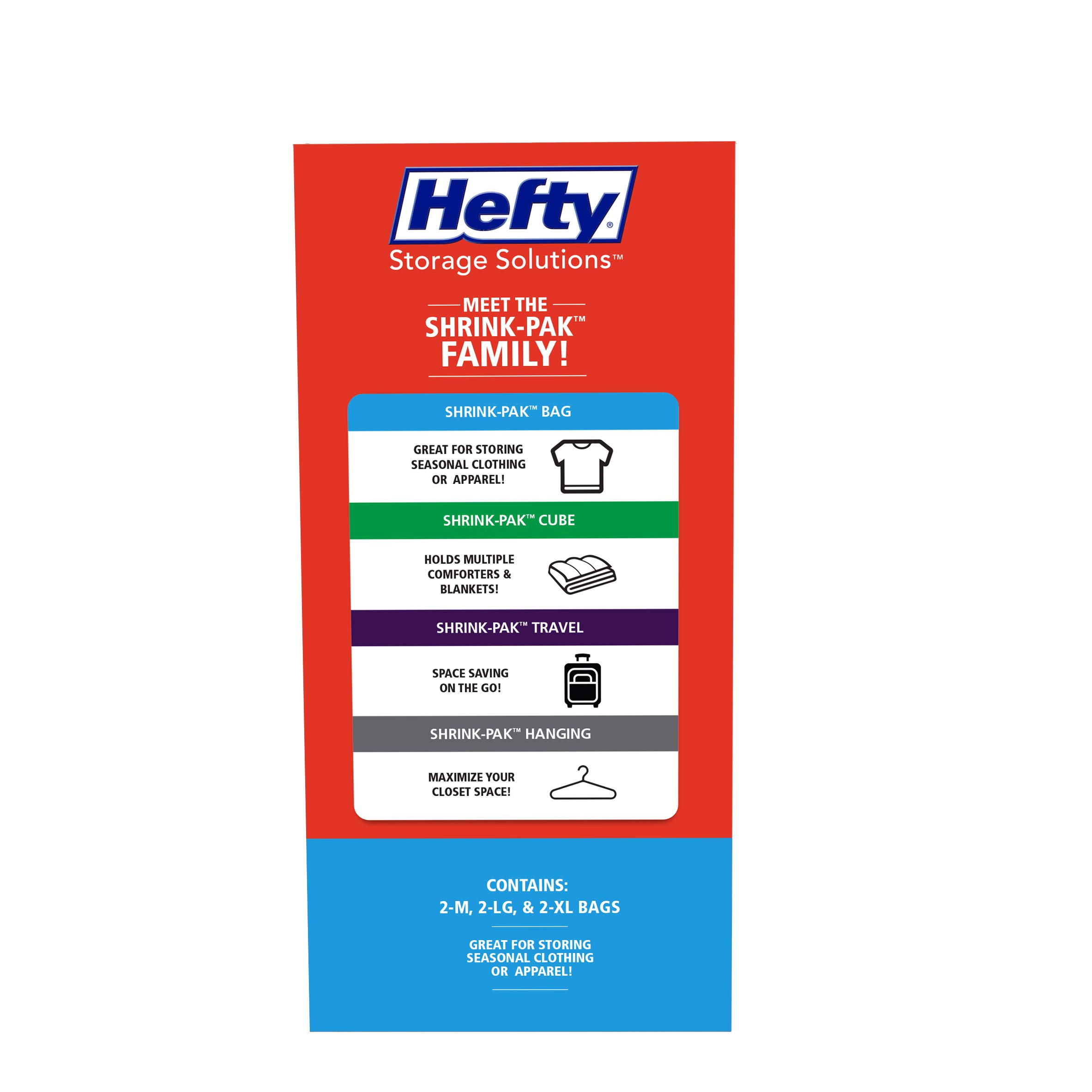 Hefty Shrink-Pak - 2 Medium, 2 Large, 2 XL Vacuum Seal Storage Bags – Space Saver Bags for Clothing, Pillows, Towels, or Blankets, 6 Pc Set