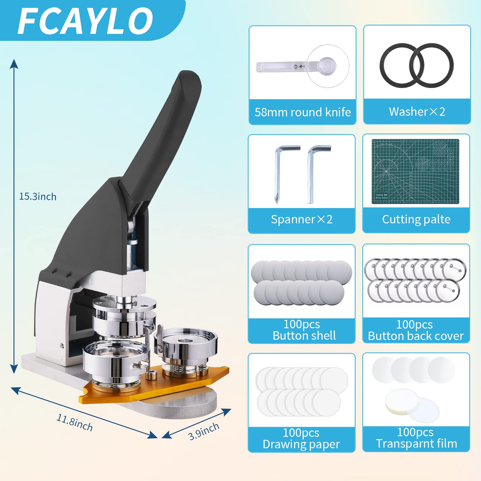 Button Maker Machine 58mm/2.25 inch(3th Gen) Installation-Free, DIY Draw Pictures Pin Maker Machine Kit, Badge Punch Press for Kids with Free 300pcs Button Parts, Circle Cutter & Cutting Mat