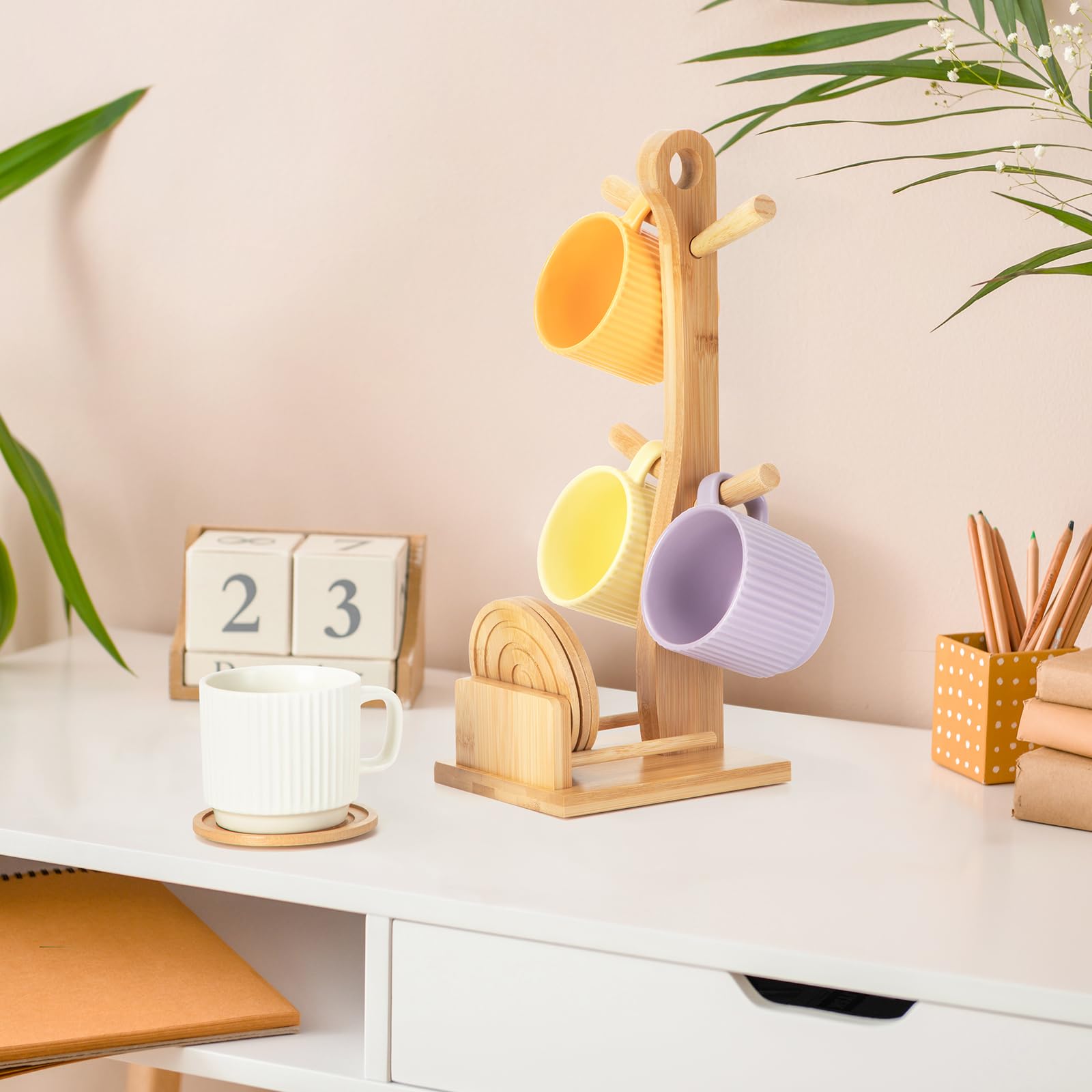E-ROOM TREND Bamboo Mug Holder with Coasters 4 Pcs, Coffee Mug Tree for Large Mugs with 4 Hooks Stand for Countertop Coffee Bar Accessories Decor Coffee Organizer Station(MHC400)