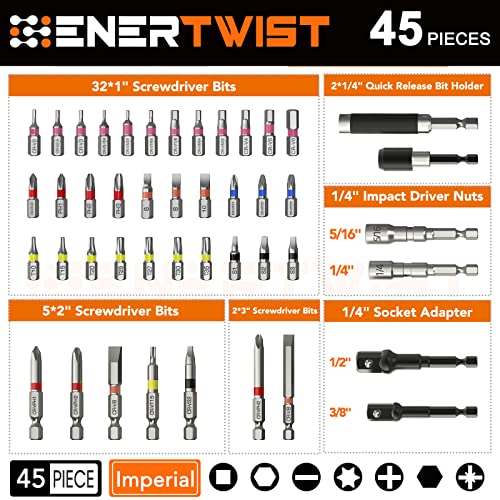 ENERTWIST Screwdriver Bit Set, 45Pcs 1/4" Impact Driver Bit Set with Impact Grade Socket Adapter for Automotive Mechanic Vehicle Repairs, DIY, Household Maintenance and Most General Repairs