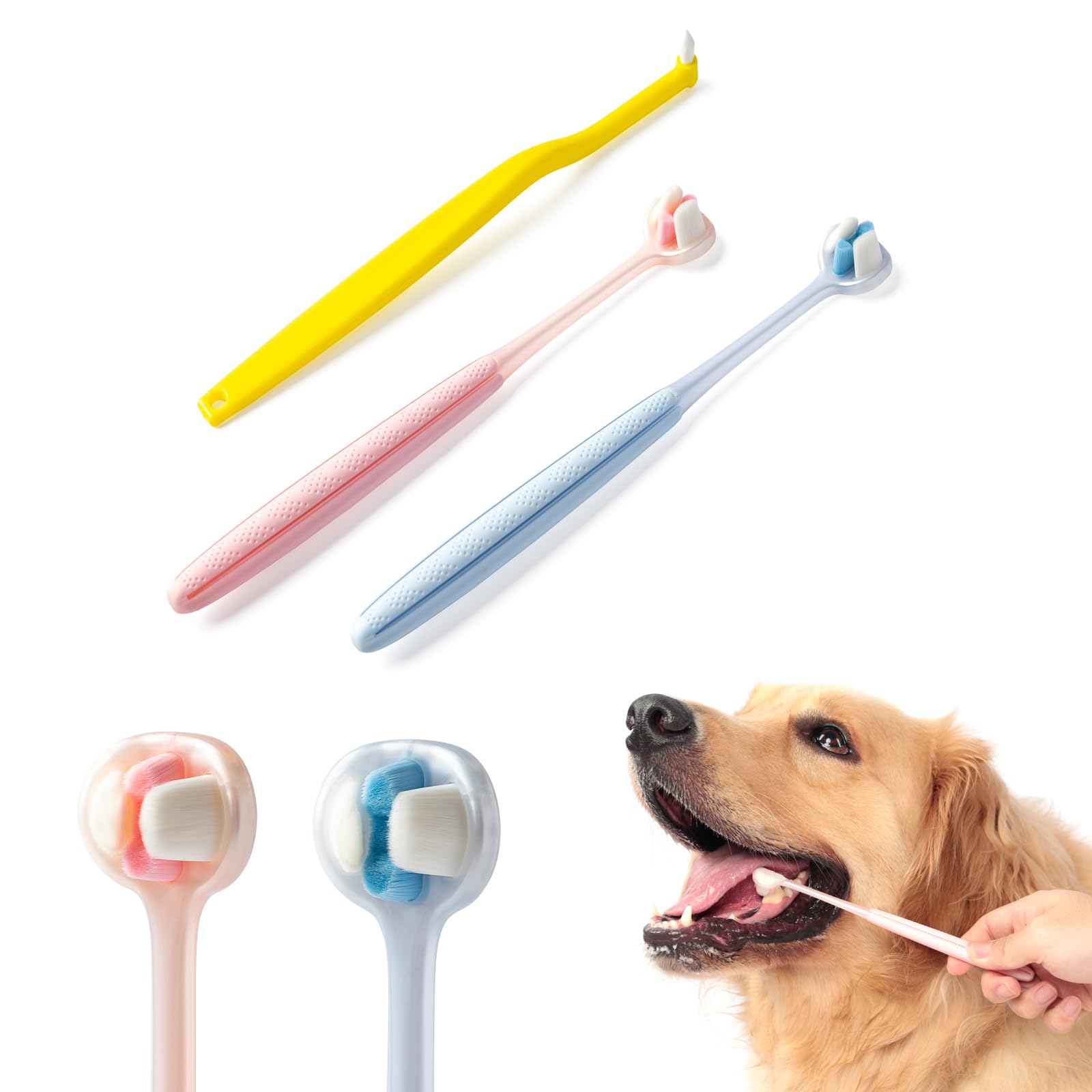 E.M&S.T by Emmeliestella Dog Toothbrush Teeth Cleaning Kit，Three-Sided，Dental Plaque Removal，Oral Hygiene，Freshen Dogs Breath，Reduce Tarta，Extra Soft Bristles, Independent Packaging, Blue&Pink 3PCS