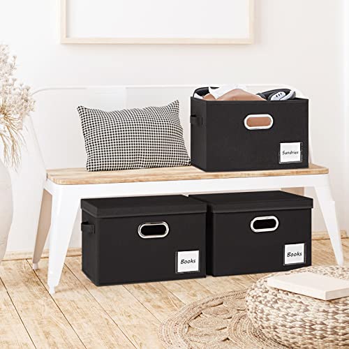 LHZK Large Storage Bins with Lids 6 Pack, Linen Fabric Storage Boxes with Lids, Foldable Storage Baskets with 3 Handles and Label Window for Shelves Bedroom Closet Office (15.75x11.8x10.2,Grey,Black)