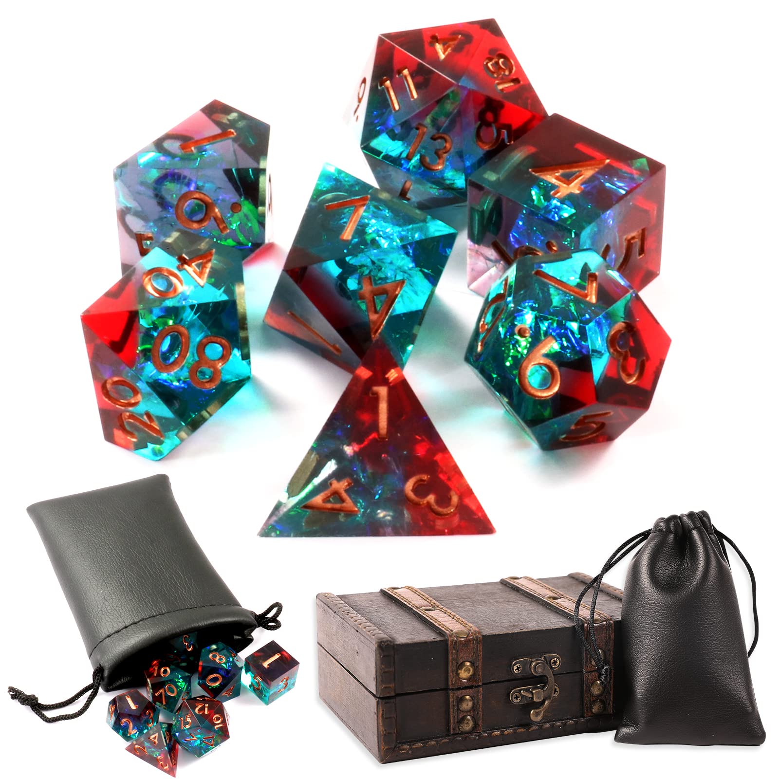 DDFE DND Dice Set 7-Die Polyhedral Resin RPG Dice Set Dice with Beautiful Glitter Inclusions for Dungeons and Dragons RPG MTG Table Games D&D Pathfinde,d and d Game Dice with Gift Box