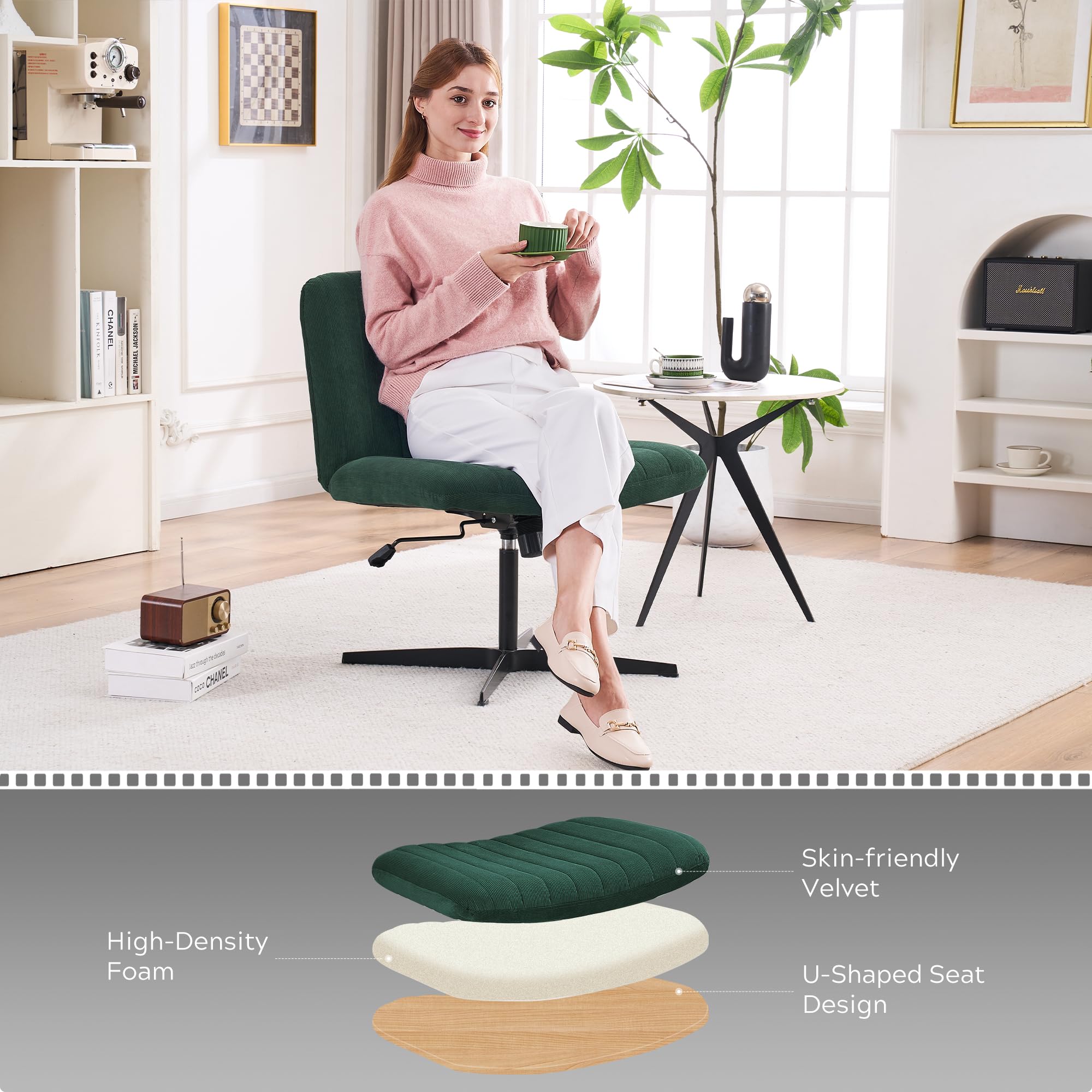 EYYTHUNG Green Criss Cross Chair No Wheels Armless Wide Seat Office Chair Swivel Vanity Velvet Padded Vanity Chair for Girls