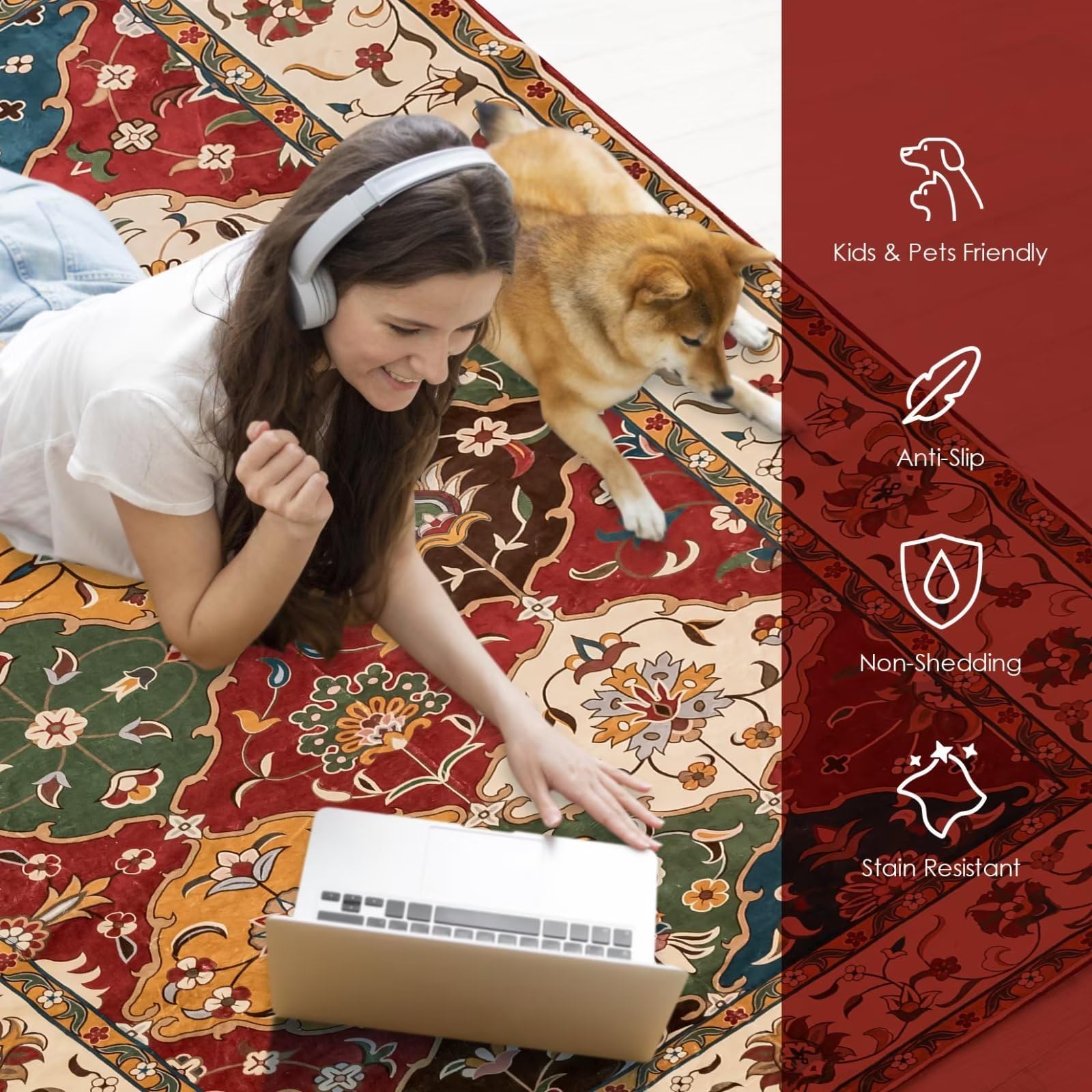 CHOSHOME Washable Rug 5x7 Vintage Boho Medallion Area Rugs with Non-Slip Backing Soft Stain Resistant Non-Shedding Low-Pile Floor Carpet Mat for Living Room Bedroom Kitchen Home Office,Red/Multi
