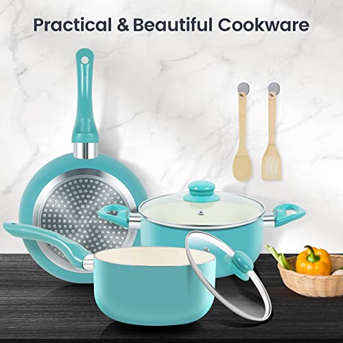 Pots and Pans Set Ultra Nonstick, Pre-assembled 7 Piece Ceramic Cookware Sets, Non Toxic Pots and Pans, Stay Cool Handle & Bamboo Kitchen Utensils, Gas/Induction Compatible, 100% PFOA Free, Turquoise