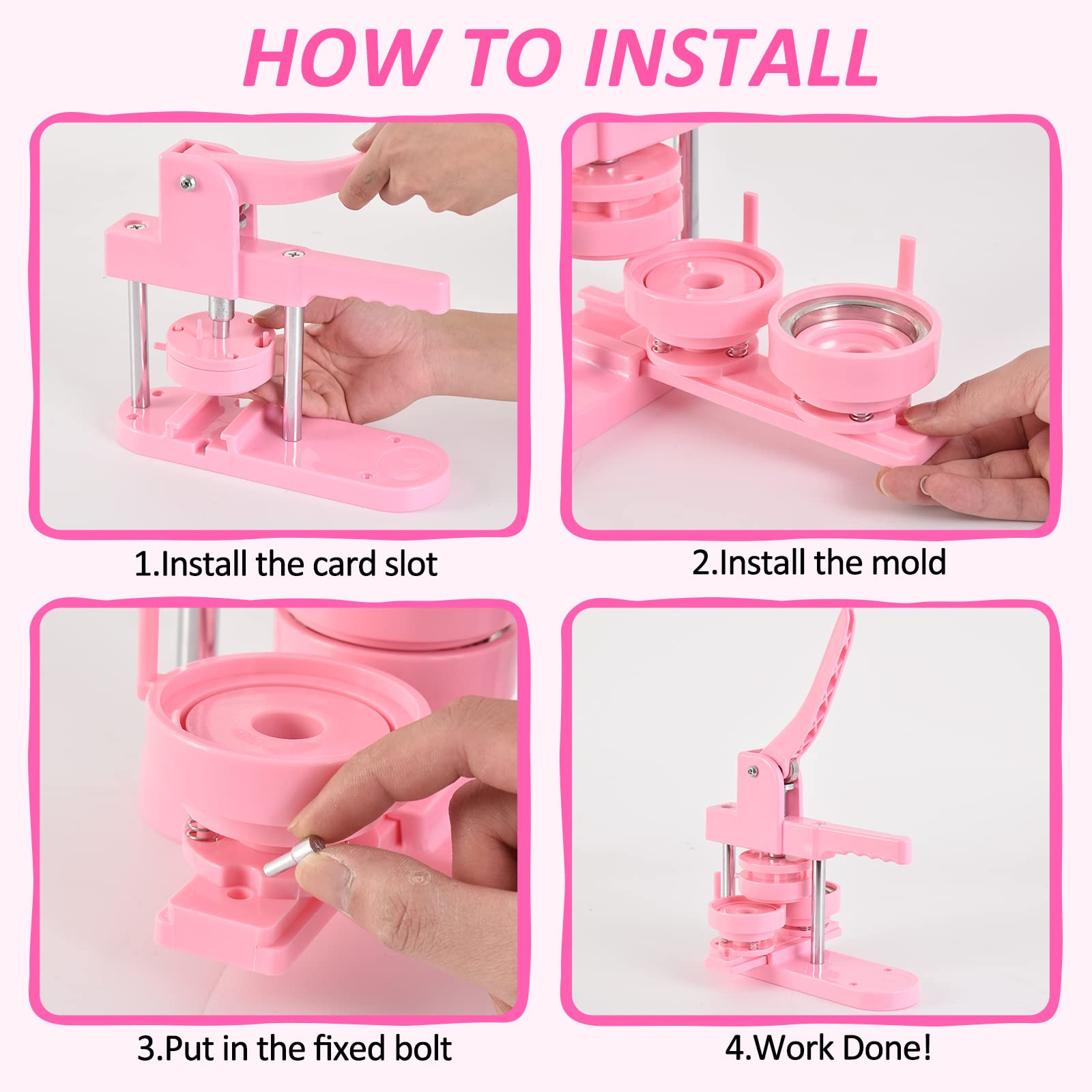 Button Maker Machine Multiple Sizes - wuyule 1''+1.25''+2.25'' Button Press Badge Maker Machine, Pink Pin Maker Machine with 300pcs Round Button Parts, 3 Circle Cutters&Magic Book